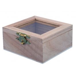 Houten doosje met glazen venster 60 x 60 x 35 mm.